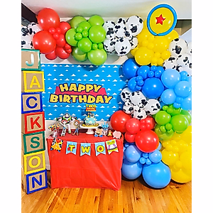 Toy Inspired Story Balloon Garland Kit Cow Pattern Printed Blue Yellow Red Green Latex Balloons for Kids Birthday Party, Kids Toy Inspired Story Theme Birthday Party Supplies Decorations