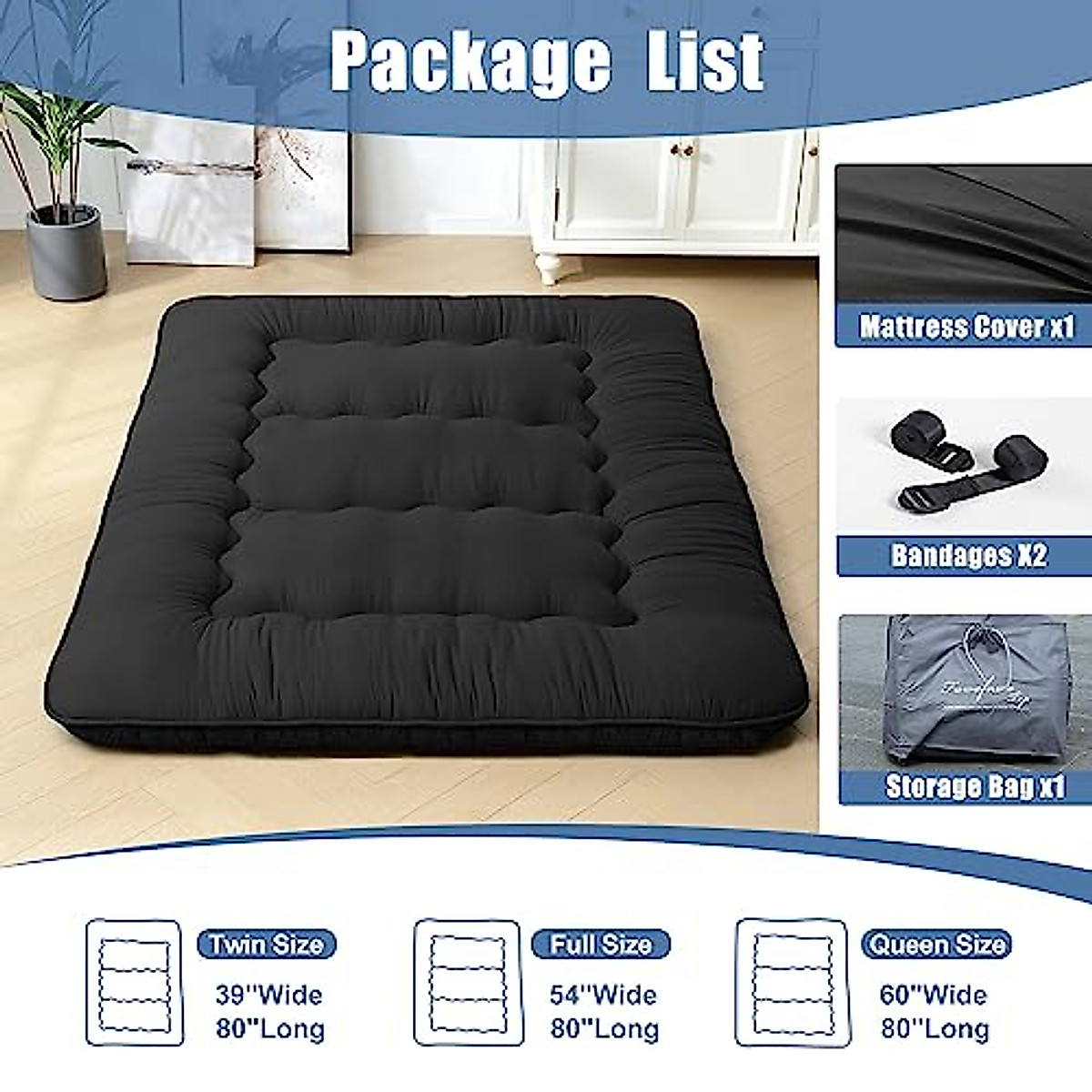 Natsukage Futon Mattress Tatami Mat Folding Mattress Camping Mattress Kids Play Mat Thicken Sleeping Mattress for Floor Folding Mattress, Full Size, Black
