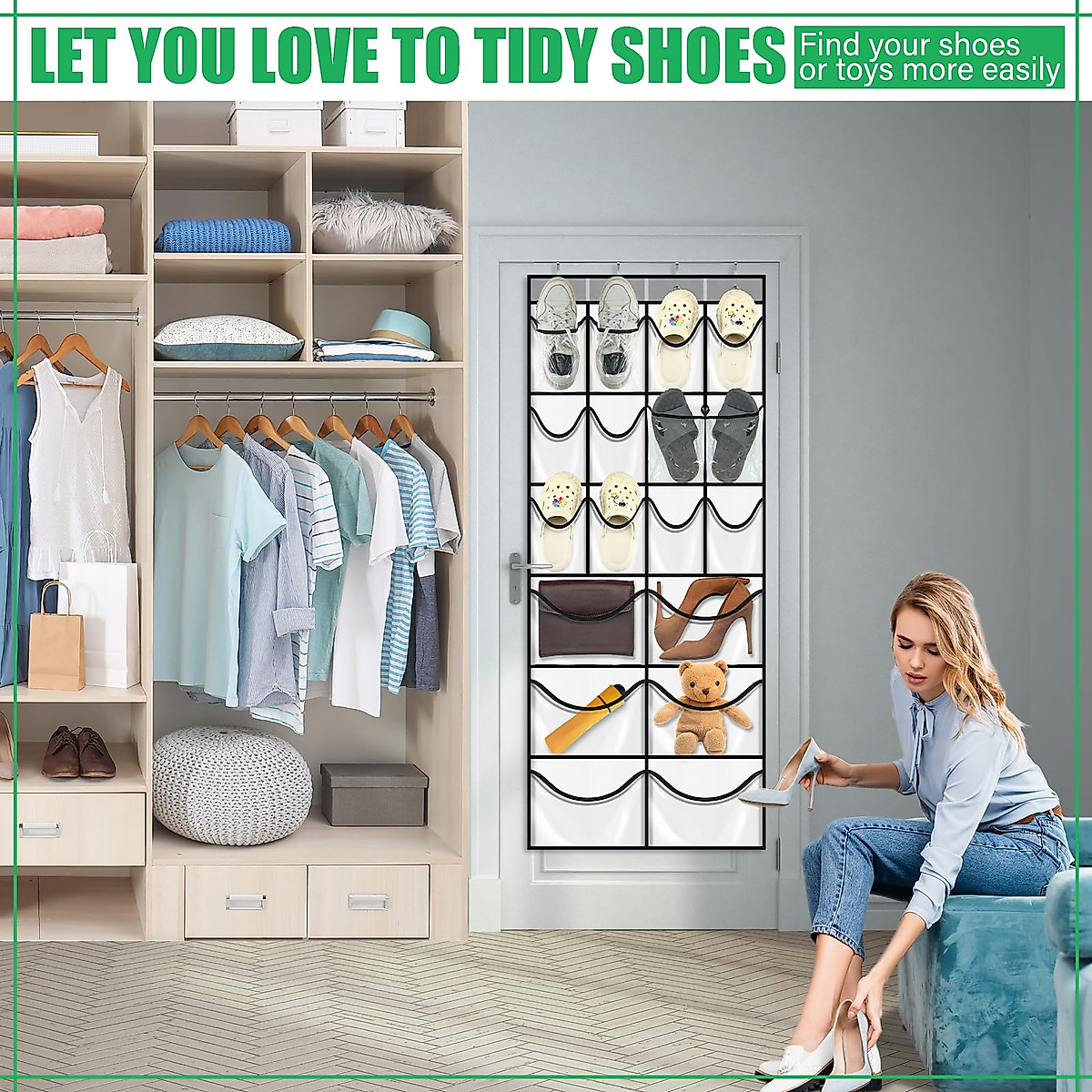 Windyun 2 Pcs 36 Pockets over Door Shoe Organizer Large Hanging Clear Shoes Holder with Hooks for Shoes Sneakers Closet Bedroom, Each with 12 Mesh Pockets and 6 Large Mesh Storage Various Compartments