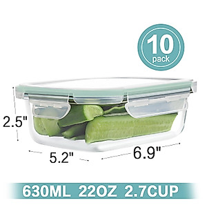 HOMBERKING 10 Pack 22oz Glass Meal Prep Containers, Glass Food Storage Containers with Lids, Airtight Glass Lunch Bento Boxes, BPA-Free & Leak Proof (10 lids & 10 Containers) - Blue
