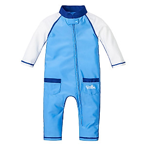 UV SKINZ Baby Boys’ Sun and Swimsuit with UPF 50+ Sun Protection – One-Piece Swimsuit, Baby and Toddler Full Coverage Swim - Ocean Blue/White - 3T