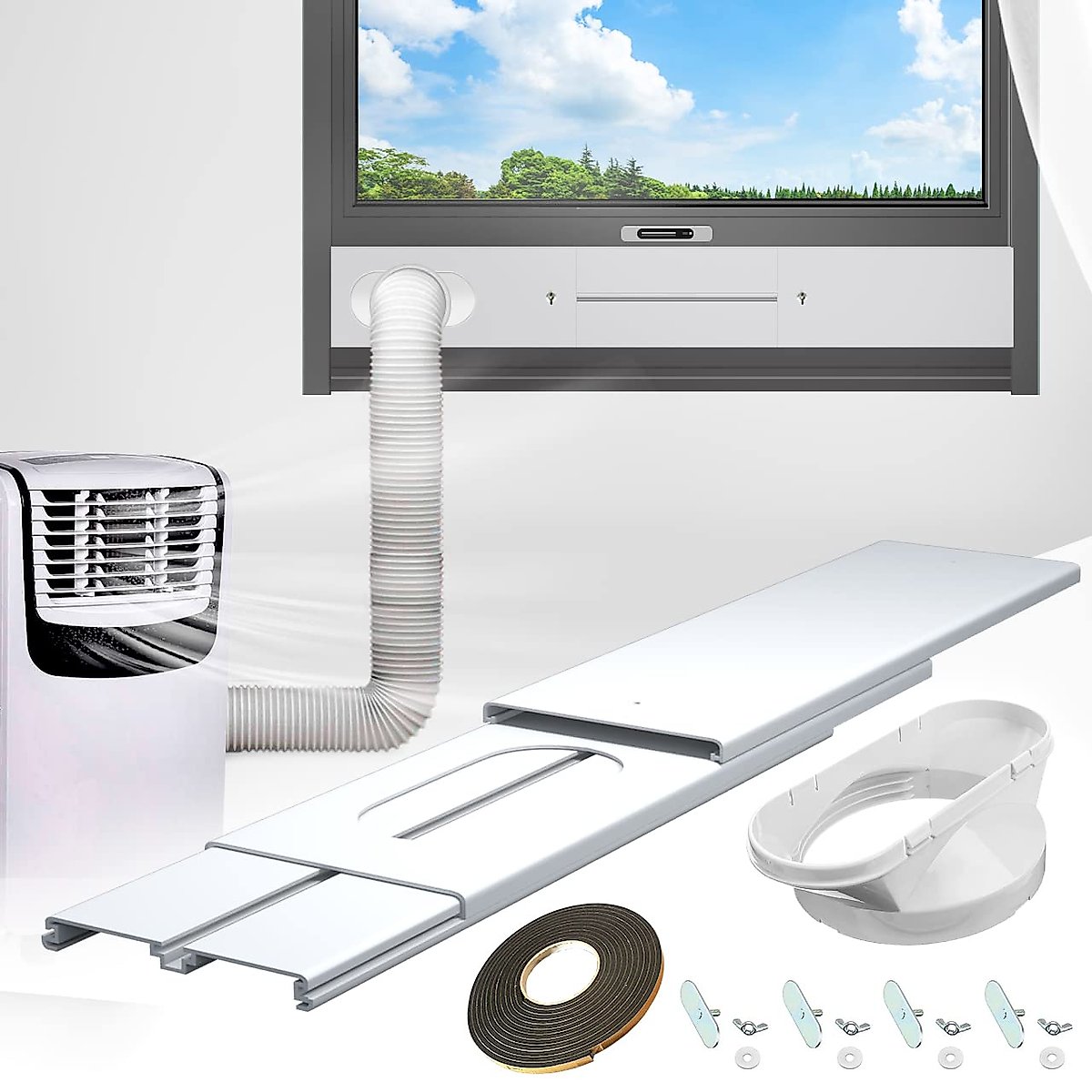 Gulrear Portable AC Window Vent kit,Universal Portable Air Conditioner Window Kit with 3 Adjustable Slide Seal Plates and 5.0" Hose Adapter Adjust Length from 25.5" to 47" Sliding Window AC Vent Kit…