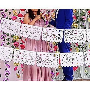 5 Pk Mexican wedding decorations, 50 Panels of White Papel Picado Paper Flags for weddings, rehearsal dinners 60 ft total Mexican Bridal Shower Papel Picado banner para fiesta TISSUE PAPER WS400