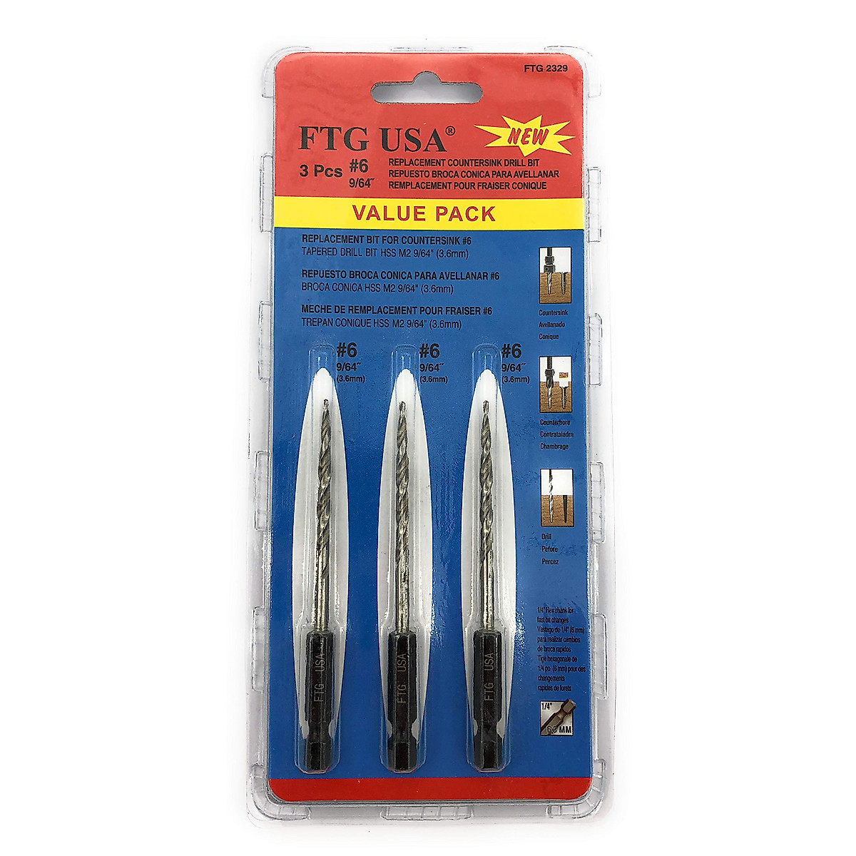 FTG USA Countersink Drill Bit Set 6 Pc #6 (9/64") Wood Countersink Drill Bit Pro Pack Countersink Set, with 3 Replacement Tapered Countersink Bits 9/64", 1 Stop Collar, 1 Hex Wrench