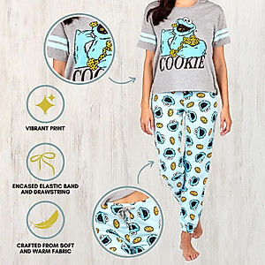 Prestigez Cookie Monster Women's Pajama 2 piece Set, includes Tee and Sleep Pants, Gray/Blue, Size Medium
