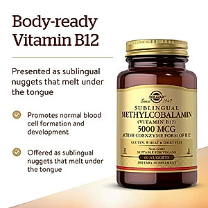 Solgar Methylcobalamin (Vitamin B12) 5000 mcg, 60 Nuggets - Supports Energy Metabolism - Body-Ready, Active Form of B12 - Vitamin B - Non GMO, Vegan, Gluten, Dairy Free, Kosher - 60 Count(Pack of 1)