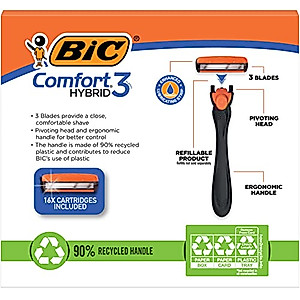 BIC Comfort 3 Hybrid Disposable Razors for Men, 1 Handle and 16 Cartridges With 3 Blades, 17 Piece Razor Kit for Men