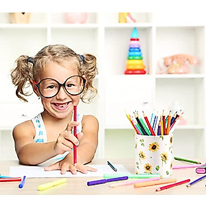 WAVEYU Pen Holder, Makeup Brush Holder Leather Cute Floral Pattern Pencil Cup for Girls Kids Women Durable Stand Desk Organizer Storage Gift for Office, Classroom, Home, Daisy