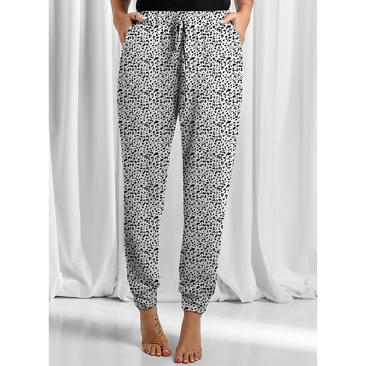 Dokotoo Womens Summer Comfy Casual Loose Breezy Leopard Drawstring Elastic Waist Loose Jogging Jogger Pants Sweatpants for Women with Pockets Large