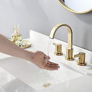 Phiestina 8 Inch 3 Hole 2 Handle Waterfall Widespread Brushed Gold Bathroom Sink Faucet with Metal Pop-Up Drain, WF040-1-BG