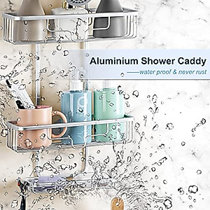 smusei Shower Caddy Over Shower Head Aluminum Shower Organizer Hanging Bathroom Shower Shelves for Inside Shower 3 Tier Shower Racks with Hooks and Shampoo Soap Razor Holder - Silver