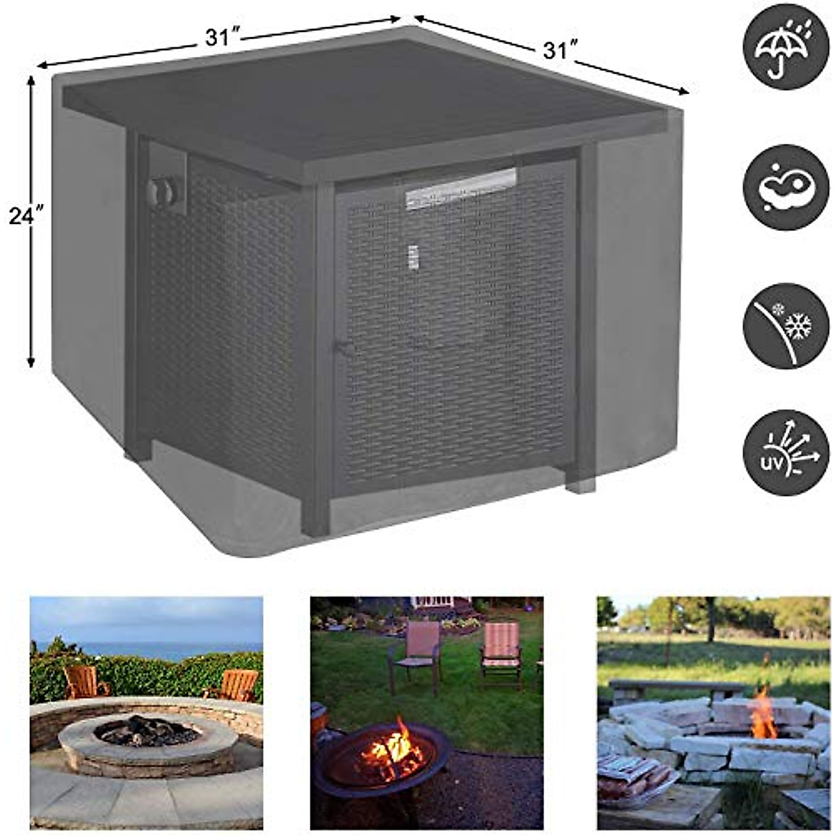 PJDH Outdoors Square Fire Pit Covers, 31Lx31Wx24H Inches Heavy Duty Waterproof 600D Polyster with Thick PVC Coating, Black