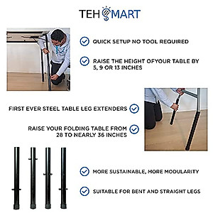 TEH SMART Table Leg Extenders for Folding Table – 4-Pack Table Risers for Straight and Bent Legs – Highly Durable Steel Construction – 16 Inches Height – Ideal for Back Pain (Black, 400x35)