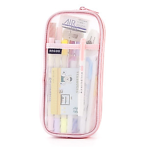 EASTHILL Grid Mesh Pen Pencil Case with Zipper Clear Makeup Color Pouch Cosmetics Bag Multi-Purpose Travel School Teen Girls and Boys Transparent Stationary Bag Office Organizer Box for Adluts(Pink)