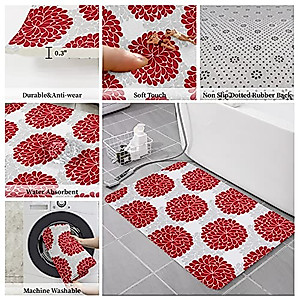 Door Mat Red and Grey Flower Memory Foam Cushioned Kitchen Rug, 18x30 Inch Water Absorbent Soft Touch Standing Mat for Bathroom, Office, Sink, Laundry, Home Hydrangea Texture Tiled