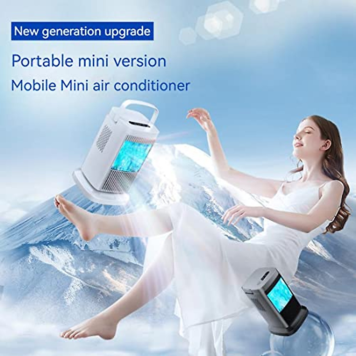 Portable Air Conditioner，Semiconductor Mini Air Conditioner 85W，With Water Stripe Aurora Night Light Personal Air Conditioner，Small AC Fan 4-Speed Silent for Desk，Home，Bedroom，Room，Office，Travel-White
