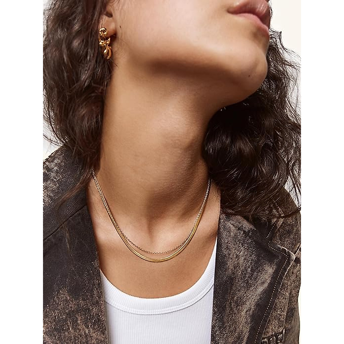 Hey Harper Jewelry Set with Gold Herringbone Necklace and Thin Chain Necklace - Waterproof Jewelry - 14k Gold, Tarnish free, Stainless Steel Jewelry for Women