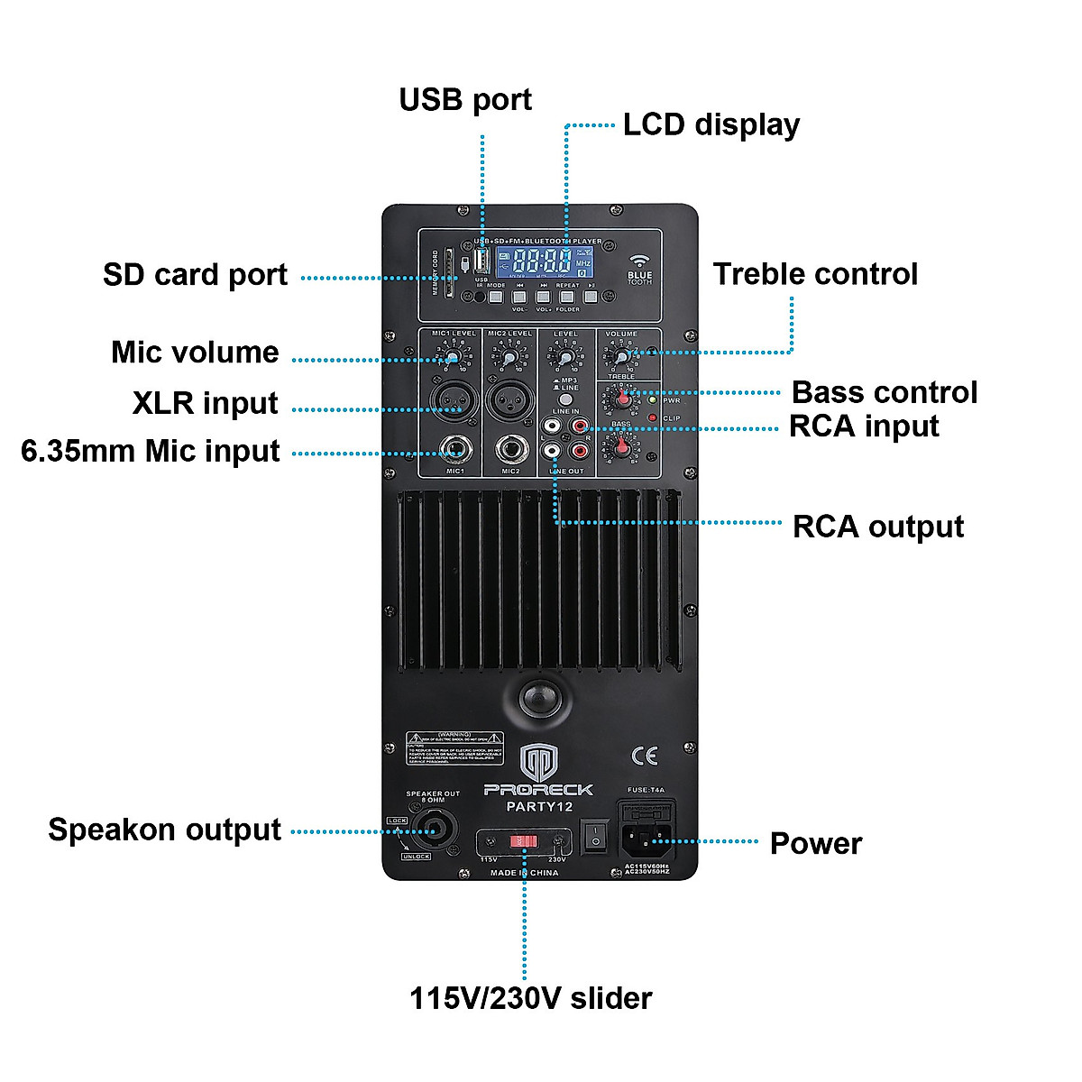 PRORECK Party 12 Portable 12-Inch Woofer 2-Way Powered PA Speaker System Combo Set with Bluetooth/USB/SD Card Reader/FM Radio/Remote Control/Speaker Stand