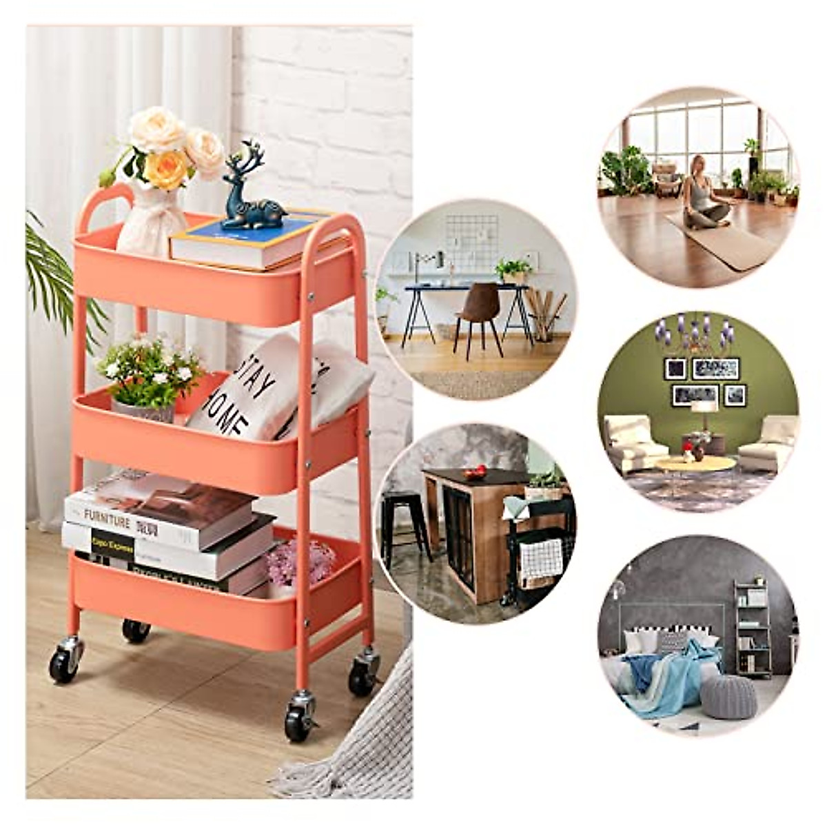 AGTEK Makeup Cart, Movable Rolling Organizer Cart, 3 Tier Metal Utility Cart with Lockable Wheels for Home & Office, Pink Orange