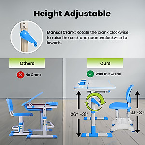 eClub Deals Kids Functional Desk and Chair Set, Height Adjustable Children's Study Desk for Ages 4-12, Book Stand, LED Light and Storage Drawer - for Baby Bedroom, Game Rooms, Blue