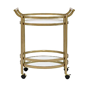 Studio Designs Home Palazzo Modern 2-Tier Oval Metal Rolling Bar, Serving, Utility Mobile Cart with Handles and Spill Guard in Gold/Clear Glass and Mirror, 27" W x 17.5" D x 33.25" H,