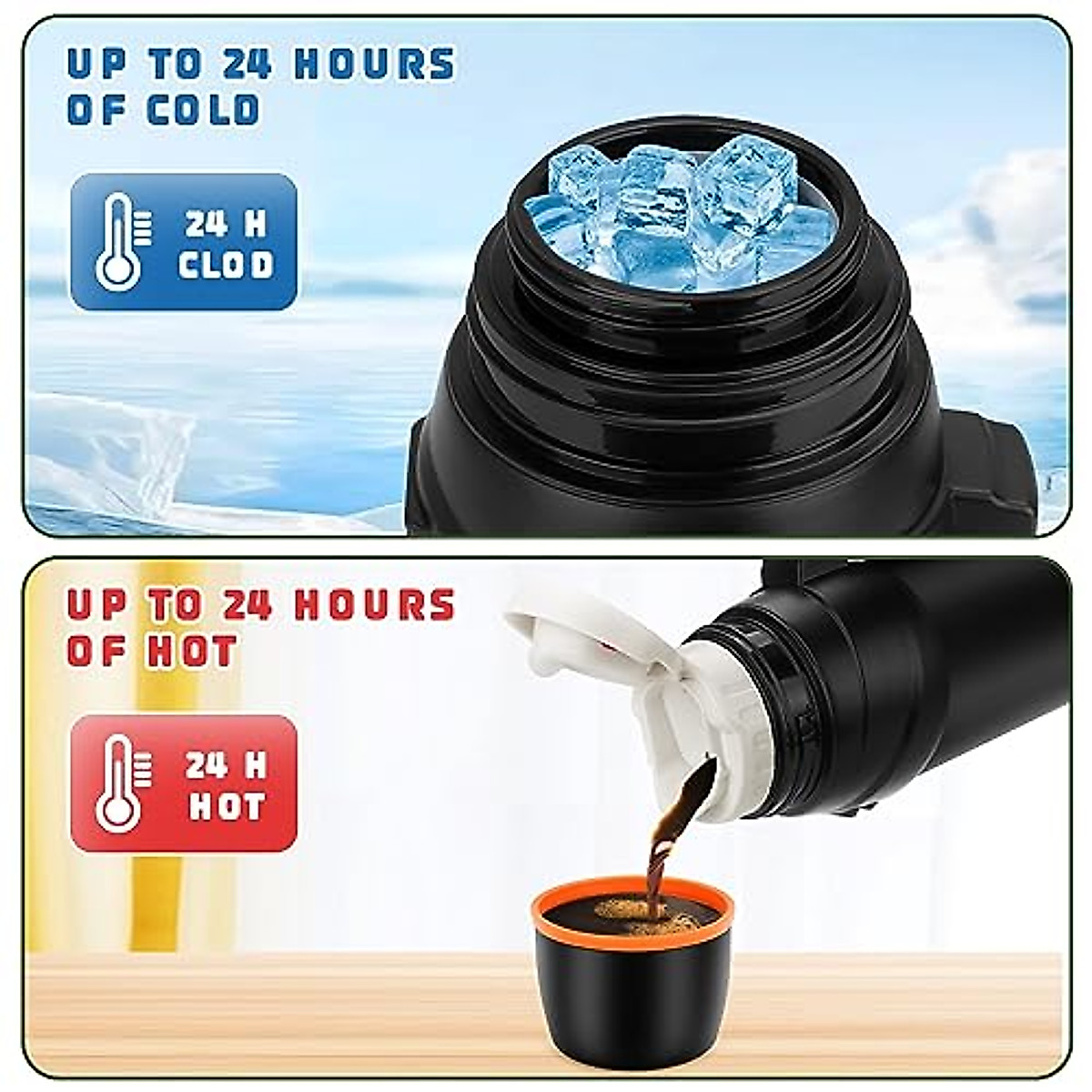 Beyoung 2000ML Large Coffee Thermoses for Cold & Hot, Portable 304 Stainless Steel Classic Vacuum Bottle with Plastic Cup and Hidden Strap for Sports Hiking Fishing (Black)