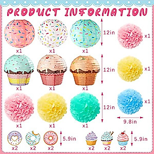 36 Pcs Donut Cupcake Party Hanging Paper Lanterns Donut Cupcake Hanging Swirls Paper Flowers Pom Poms Sprinkle Party Decorations for Kids Girls Birthday Party Baby Shower Sweet Candy Party Supplies