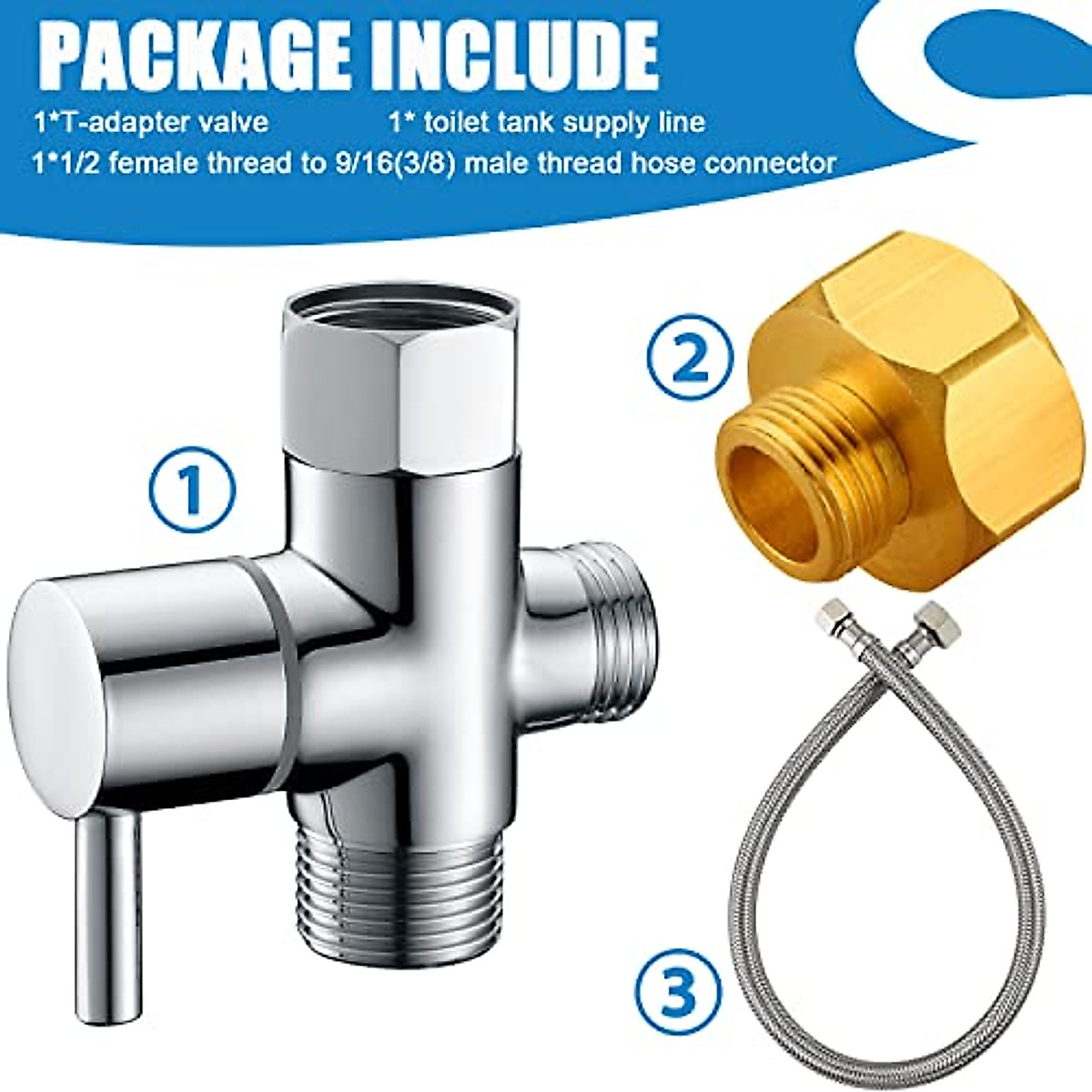 Brass Bidet T Adapter with Toilet Connector Line, Bidet Adapter Valve with Shut Off Valve, Connect to 1/2 or 3/8 Bidet Hose, 7/8" Toilet Tee Adapter for Handheld Bidet Attachment,Chrome,SonTiy