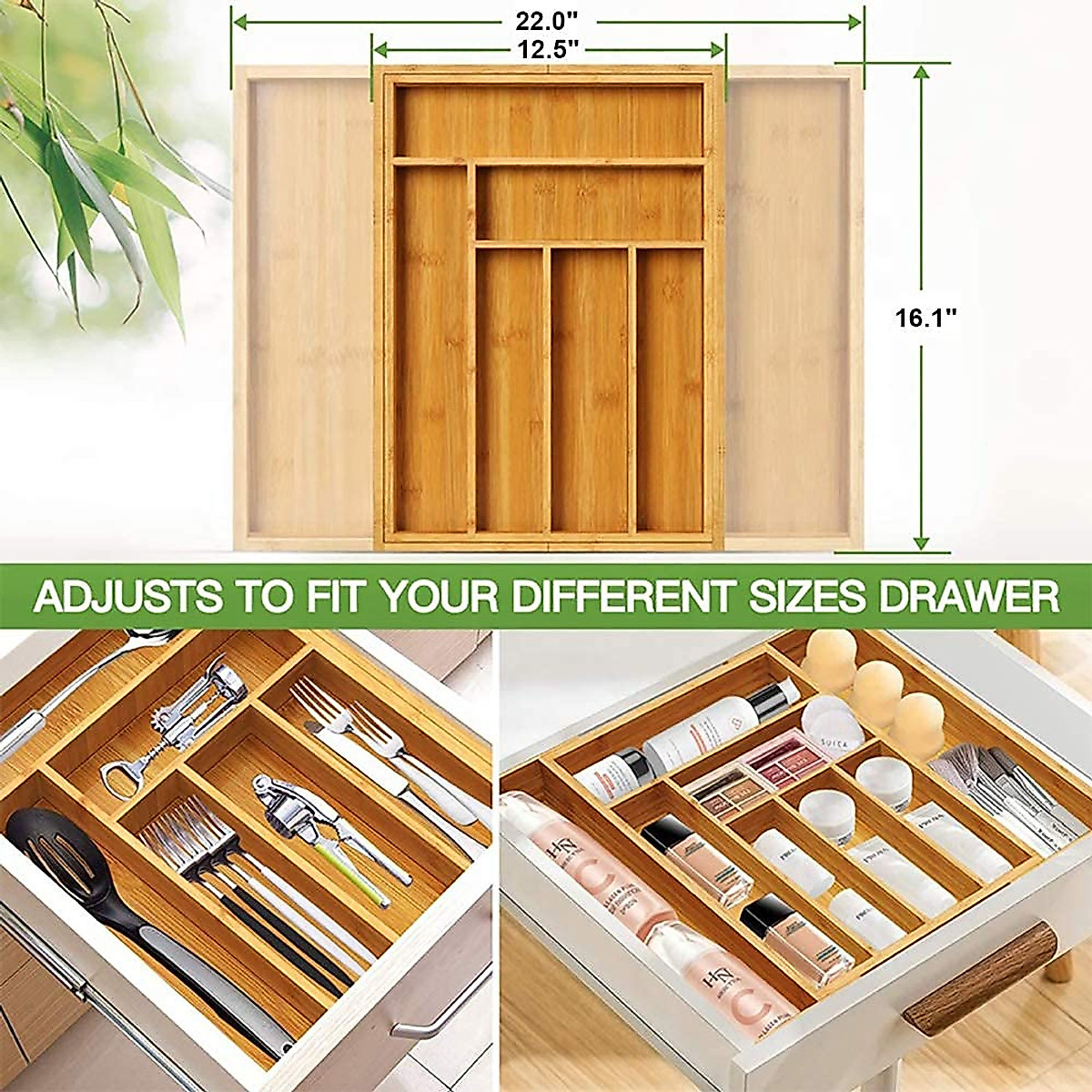 Rosas Corp Bamboo Expandable Kitchen Drawer Organizer - 100% Pure Bamboo, 7 to 9 Compartments Adjustable Drawer Dividers Organizer for Silverware, Cutlery Tray, Flatware and Other Kitchen Utensils
