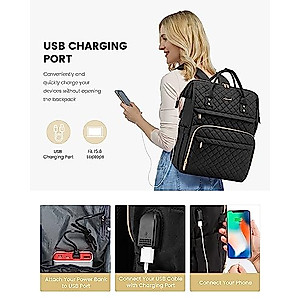 LOVEVOOK Laptop Backpack Women, Stylish Quilted Computer Backpack with USB Port for Work, Waterproof Backpack Purse fits 15.6 inch Laptop, Nurse Teacher Backpack Travel Bags, Lozenge-Black