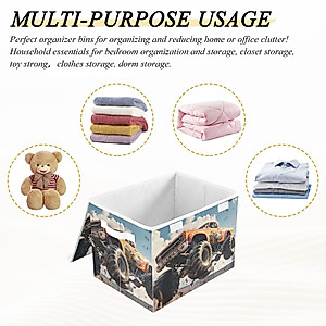YMGQYJ Storage Cube with Lid Collapsible Monster Truck Jumping Print, Large Capacity Foldable Storage Basket Bin Organizer 16.5×12.6×11.8 IN