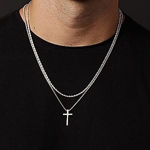 GLISHIVER Cross Necklace for Men, Mens Cross Necklaces Stainless Steel Cross Chain Layered Rope Chain Cross Necklace for Men Cross Chain for Men Boys 20 Inch Cross Necklace Silver Chain for Men