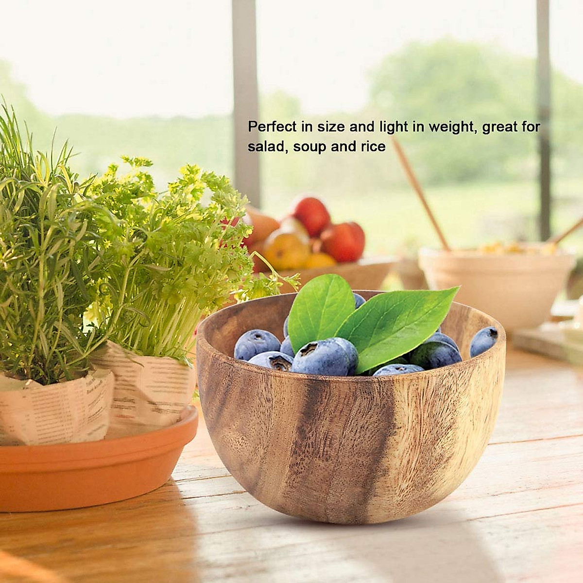 Bowl,Solid Acacia Wooden Bowl Wooden Hand-Carved Round Bowl Kitchen Tools For Salad Soup Rice Cereal Fruit Dips Sauce Nuts Appetizers Desserts(13 * 7cm)