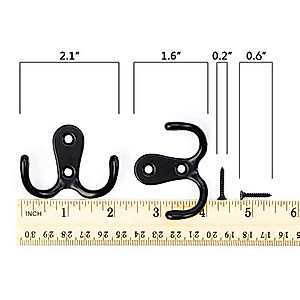 OUSHINAN 21 Pieces Double Prong Robe Hook Rustic Hooks Retro Cloth Hanger Coat Hanger Wall Mounted Hook with 42 Pieces Screws (Black Color)