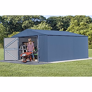Arrow Shed Elite 14' x 16' Outdoor Lockable Gable Roof Steel Storage Shed Building, Blue Grey