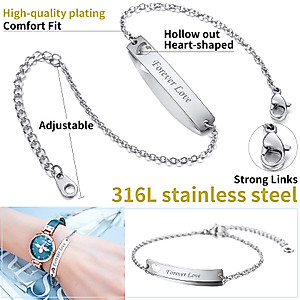 ChainsHouse Engraving Identification Link Bracelet Customized Stainless Steel Heart ID Bar Bracelet for Women Xmas Birthday Gift
