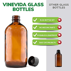 VINEVIDA 8 oz Amber Glass Bottles - 12 Pack Amber Boston Glass Bottles With Poly Cap and Accessories - Chalk Labels, Funnels - Empty Tincture Bottles for Essential Oils, Lab Chemicals, and Perfumes