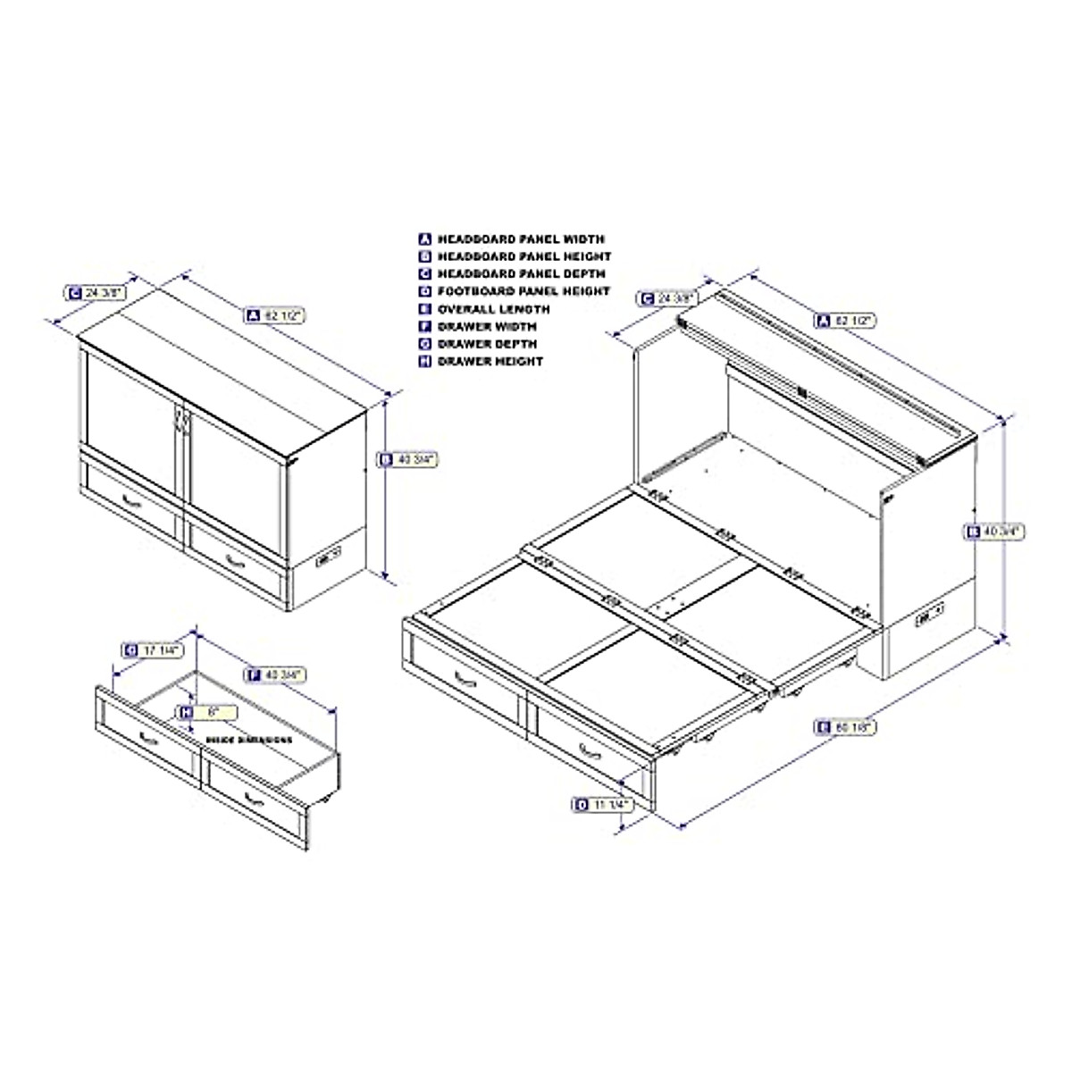AFI Hamilton Murphy Bed Chest with Charging Station & Mattress Queen Grey