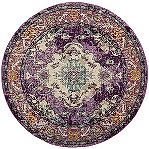 SAFAVIEH Monaco Collection Area Rug - 6'7" Round, Violet & Light Blue, Boho Chic Medallion Distressed Design, Non-Shedding & Easy Care, Ideal for High Traffic Areas in Living Room, Bedroom (MNC243L)