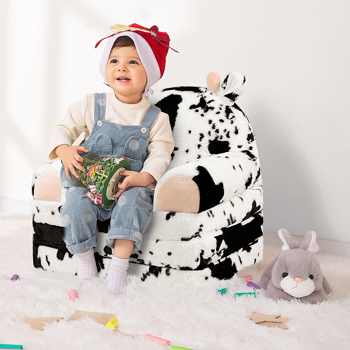 QIUODO Toddler Chair Plush with Removable Cover, Kids Sofa Bed to Lounger, Comfy Kids Couch for Kids Over 18 Months, Toddler Recliners for Kids（Milk Cow）