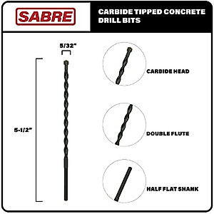 Sabre Tools 5/32 Inch x 5-1/2 Inch Masonry Drill Bit, 10-Pack Concrete Drill Bit, Carbide Tipped for Concrete, Brick, Stone, Half Flat Shank, Impact Performance (5/32" x 5.5", 10)