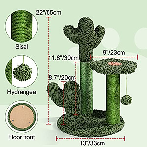 T2Y Cat Scratching Post - Cactus Cat Scratcher Tower with 3 Scratch Post and Dangling Bell Ball, Full Wrapped Premium Natural Sisal Scratching Post for Indoor Cats - Medium