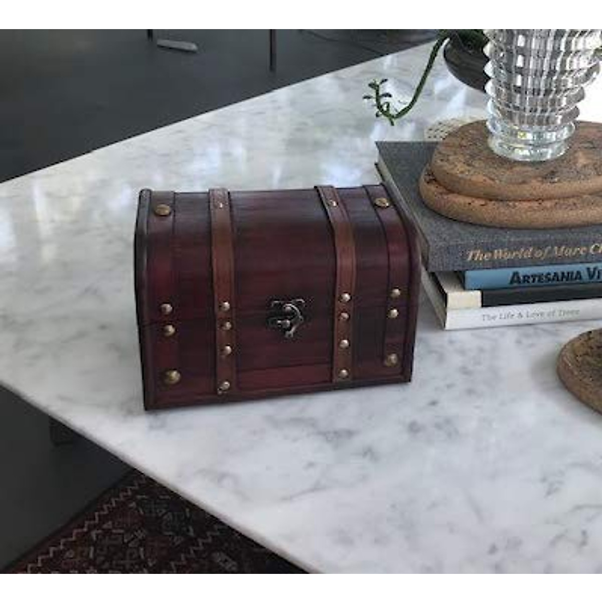 Wood and Leather Treasure Chest Box Decorative Storage Chest Box with Lock | Handcrafted Decorative Boxes with Lids for Home Decor | Wood Box with Lid | Small Chest | Wooden Stash Box