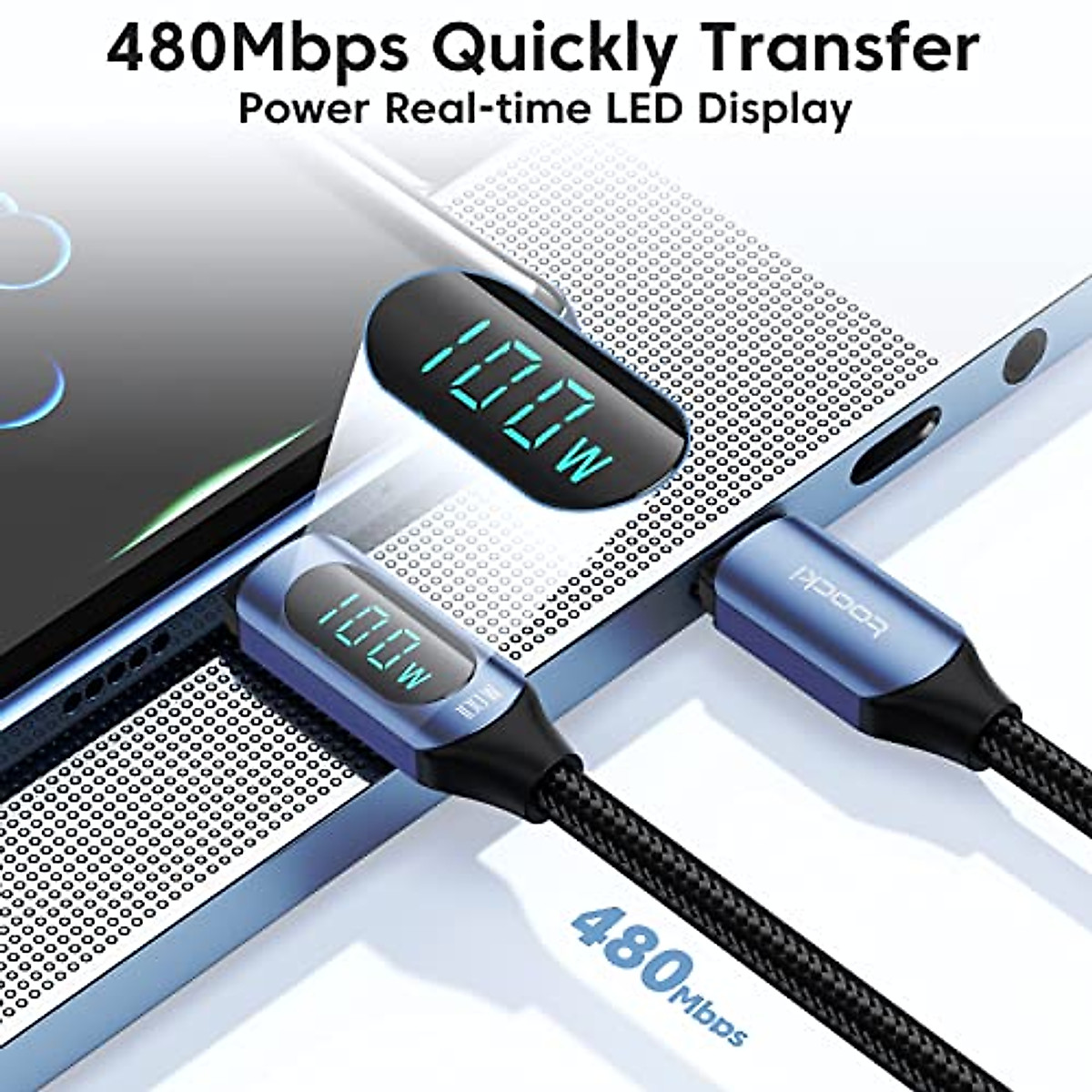 6.6FT USB C to USB C Cable Type C Fast Charge 5A PD 100W C to C Super Fast Charging with LED Display, USB C Charging Cable 480Mbps Data Nylon Braided Charge Cable for Samsung Galaxy iPad