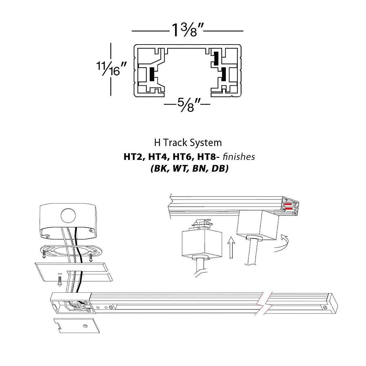 WAC Lighting H Track 8FT Single Circuit Field Cuttable 120V Track for H Style 3-Wire Track Fixtures with 2 Endcaps in White