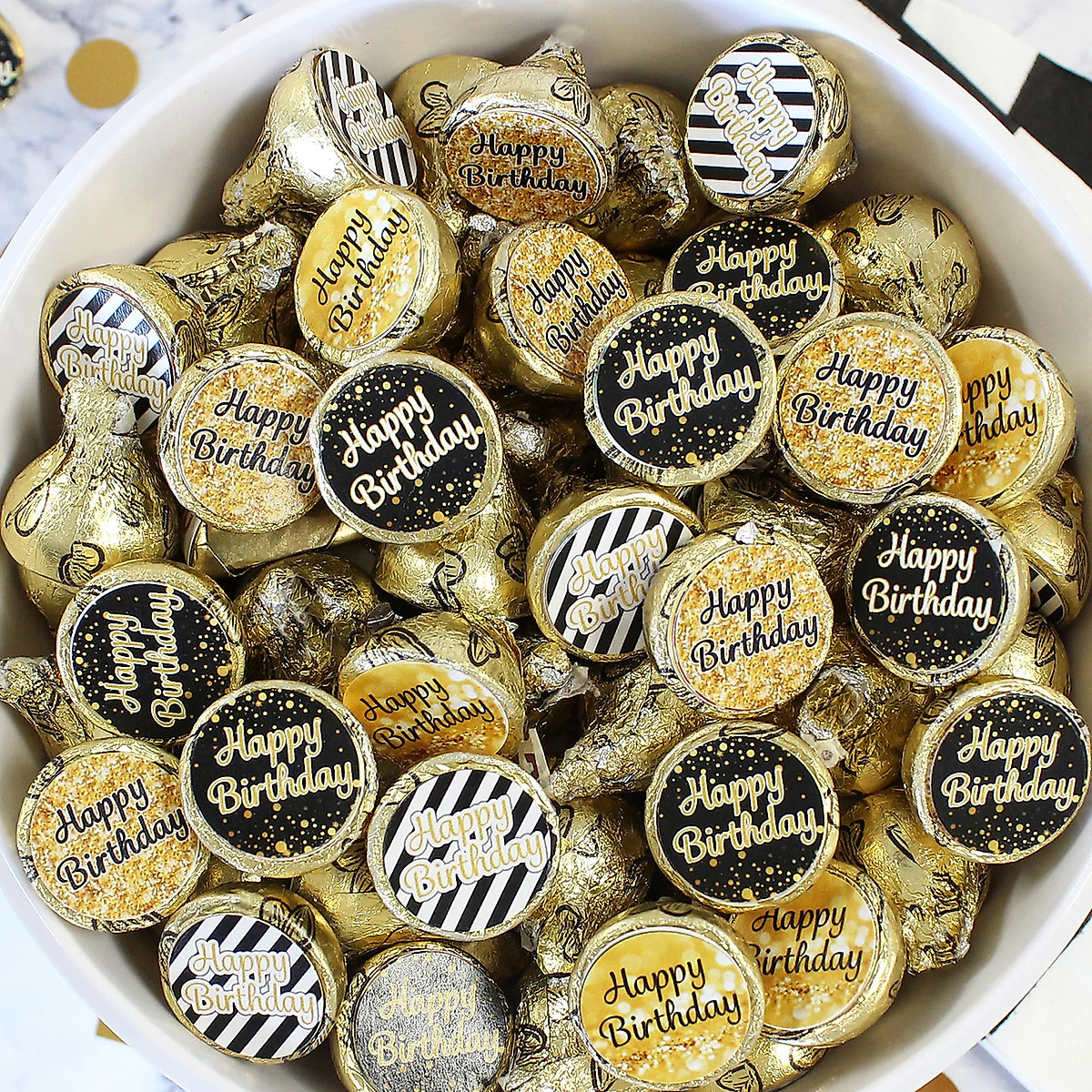 Happy Birthday Party Favor Labels Chocolate Kisses Candy Stickers - Black and Gold - 0.75 in. Round - 180 Stickers