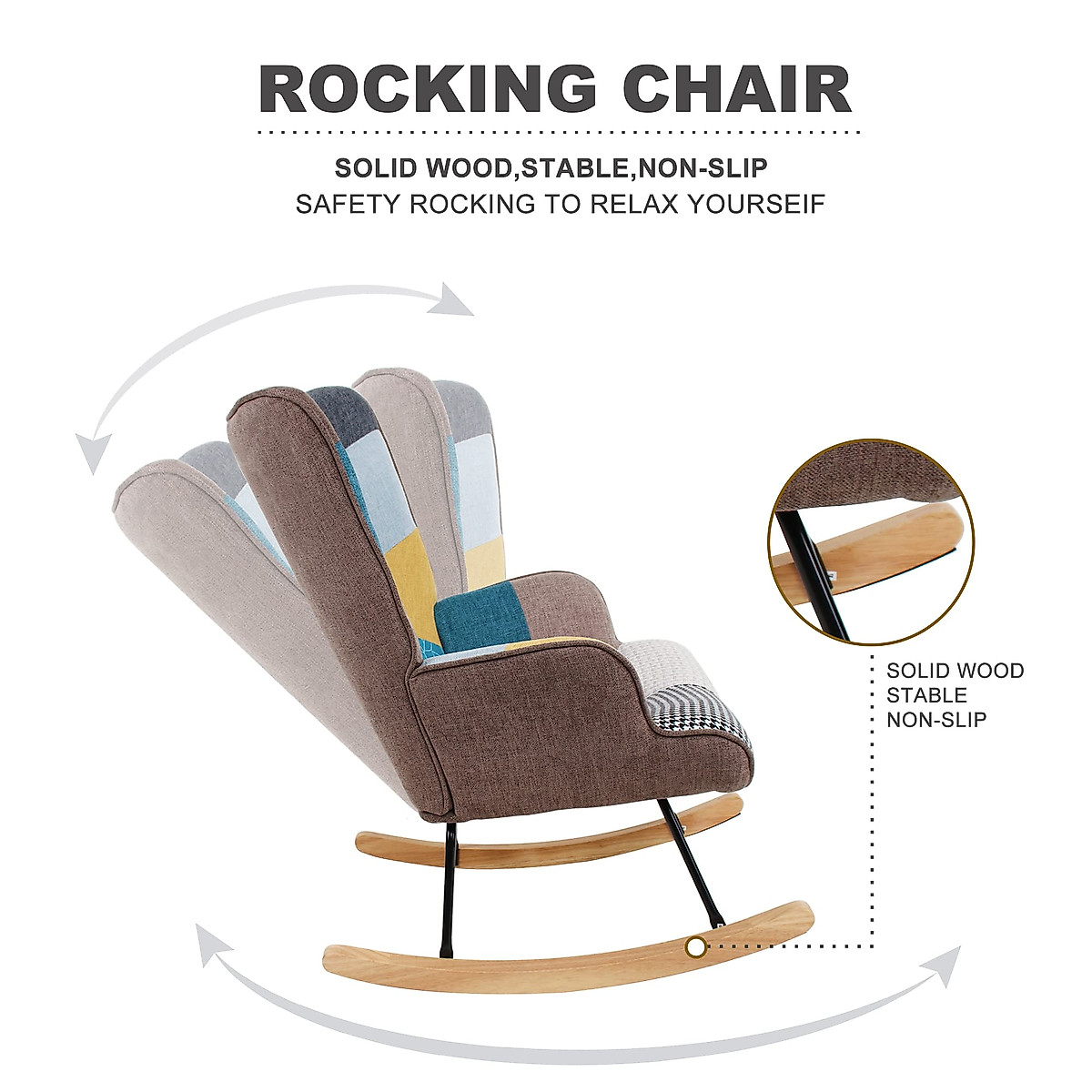 KGOPK Nursery Rocking Chair, Mid Century Upholstered Rocker Glider Chair High Back Armchair with Wood Legs and Patchwork Linen for Livingroom Bedroom