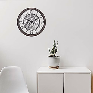 PresenTime & Co 12" Farmhouse Gear Clock, Silent no Ticking, Indoor/Outdoor Clock, Weatherproof, Grey Oak and Galvanized Finish. Wall Décor/Outdoor Décor for Living Room, Kitchen, Garden, and Patio.