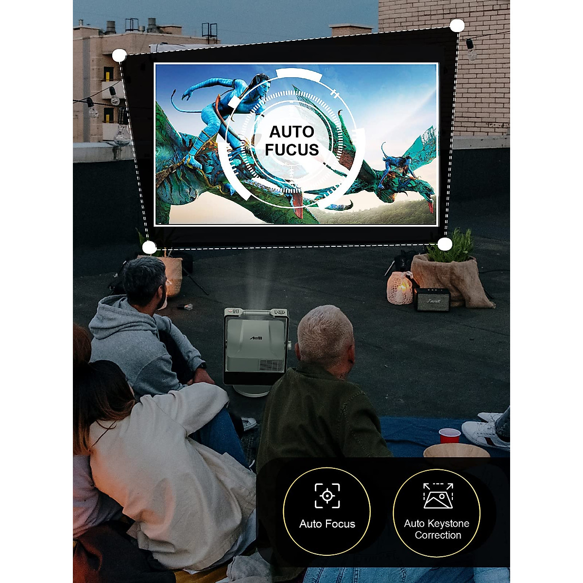 Outdoor Projector, Artlii Rubicon 4K Projector, Auto Focus & Keystone, Dolby Audio, Anti-Direct Eye Protection, 2x10W Speakers with Bass Effect, 5G WiFi/Bluetooth/USB/HDMI