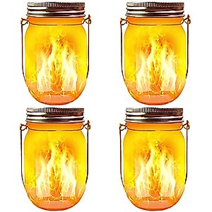 Solar Mason Jar Flicker Lights Upgraded, 4 Pack Flickering Torches Lights Outdoor Hanging Lanterns Landscape Decoration Lighting Dusk to Dawn Auto On/Off Security Halloween Torch Lights